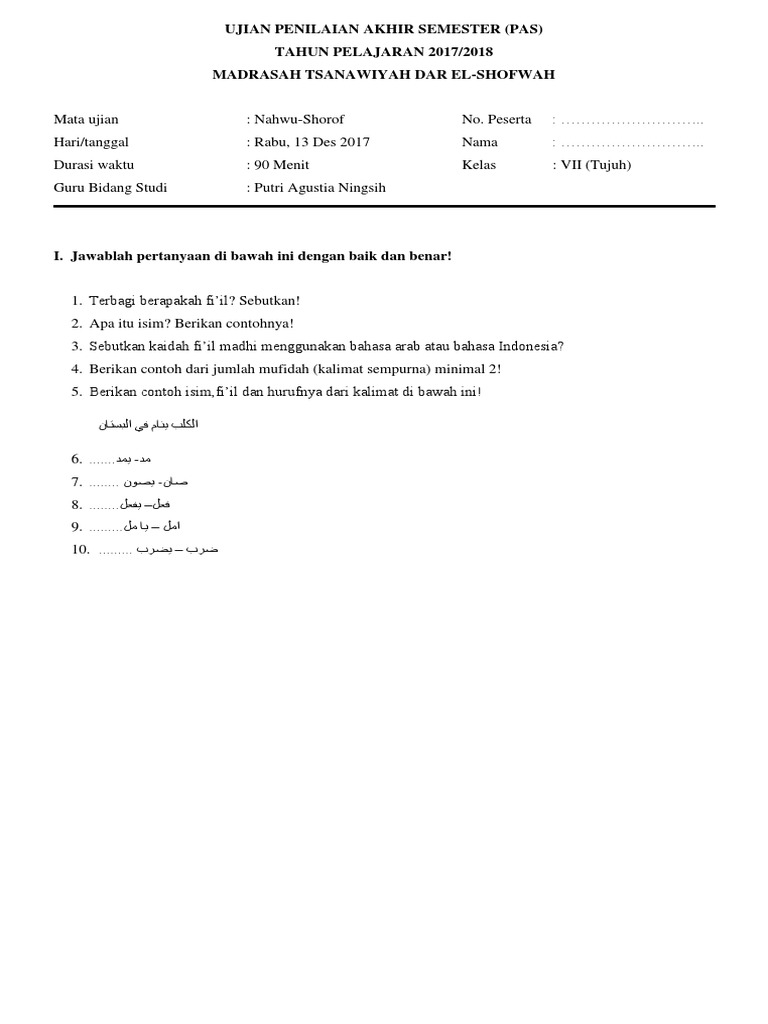 Soal Pas Nahwu Shorof Pdf