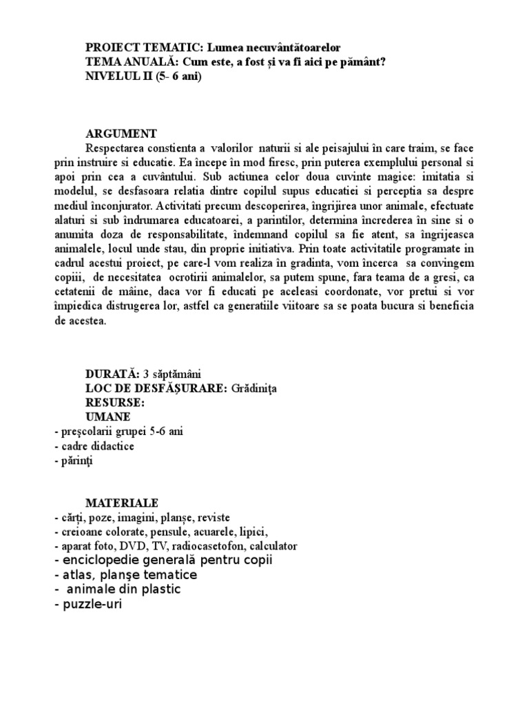 F - Lumea Necuvantatoarelor - Proiect Tematic | PDF