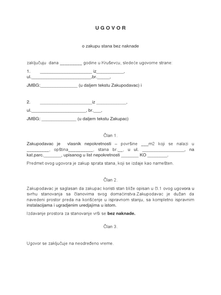 Ugovor o Zakupu Stana Bez Naknade | PDF