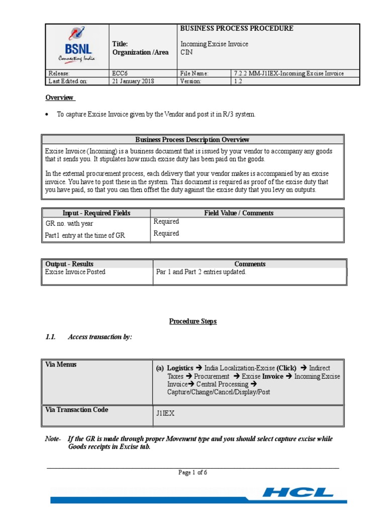 Incoming Excise Invoice Posting Guide | PDF | Excise | Taxation