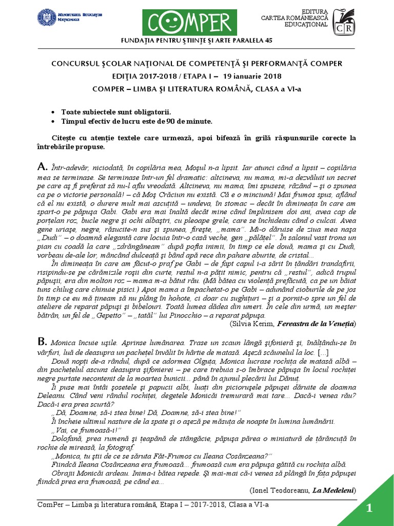 Subiect-Comper-Limba romana-EtapaI-2017-2018-clasaVI PDF | PDF
