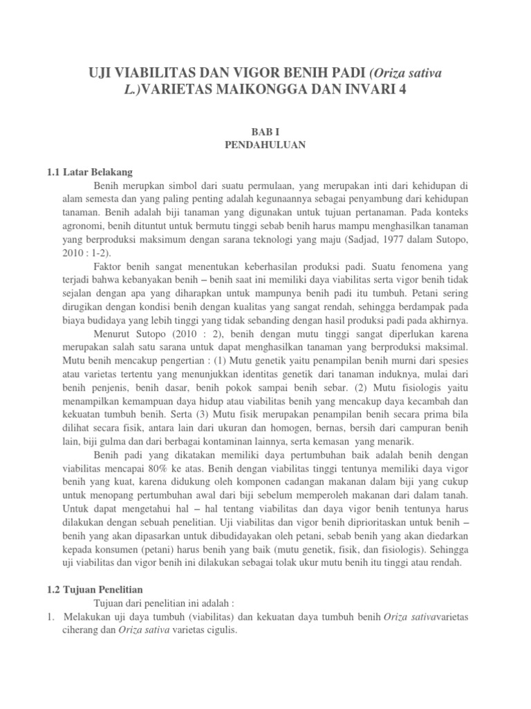 Uji Viabilitas Dan Vigor Benih Padi | PDF