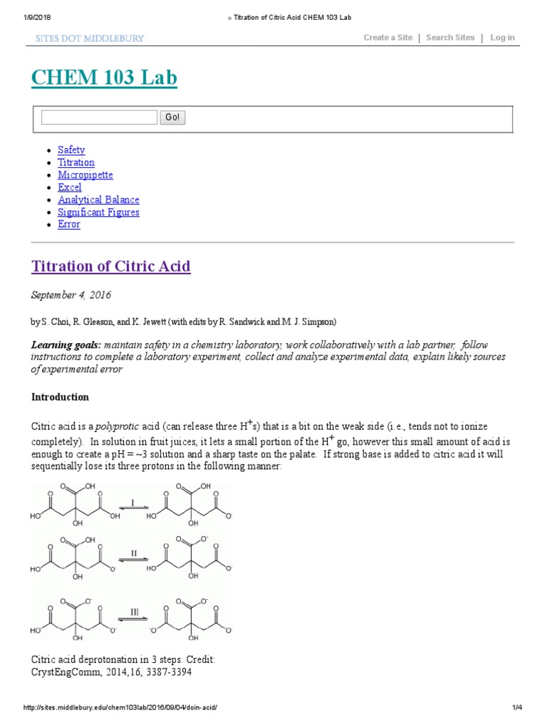 Titration of Citric Acid CHEM 103 Lab | PDF | Titration | Chemistry