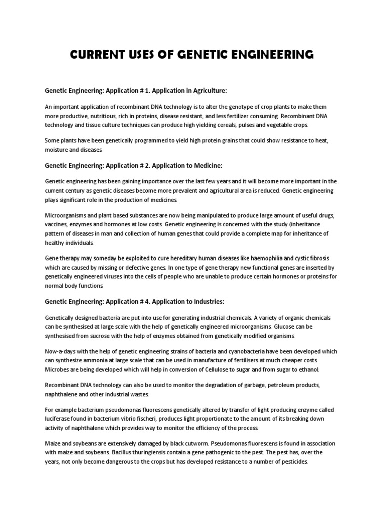 Current Uses of Genetic Engineering | PDF | Genetic Engineering ...