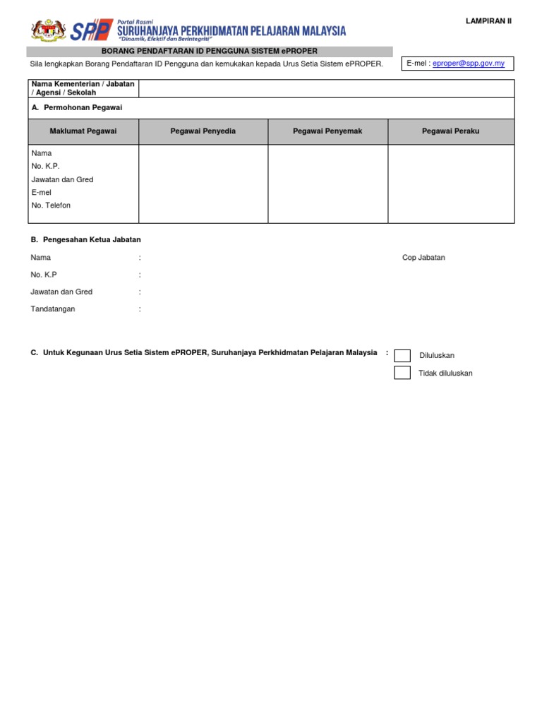 LAMPIRAN II - Borang Pendaftaran ID Pengguna Sistem EPROPER 040517 | PDF