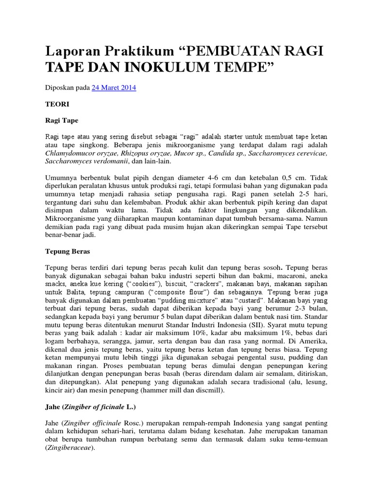 Pembuatan Ragi Tape dan Inokulum Tempe | PDF