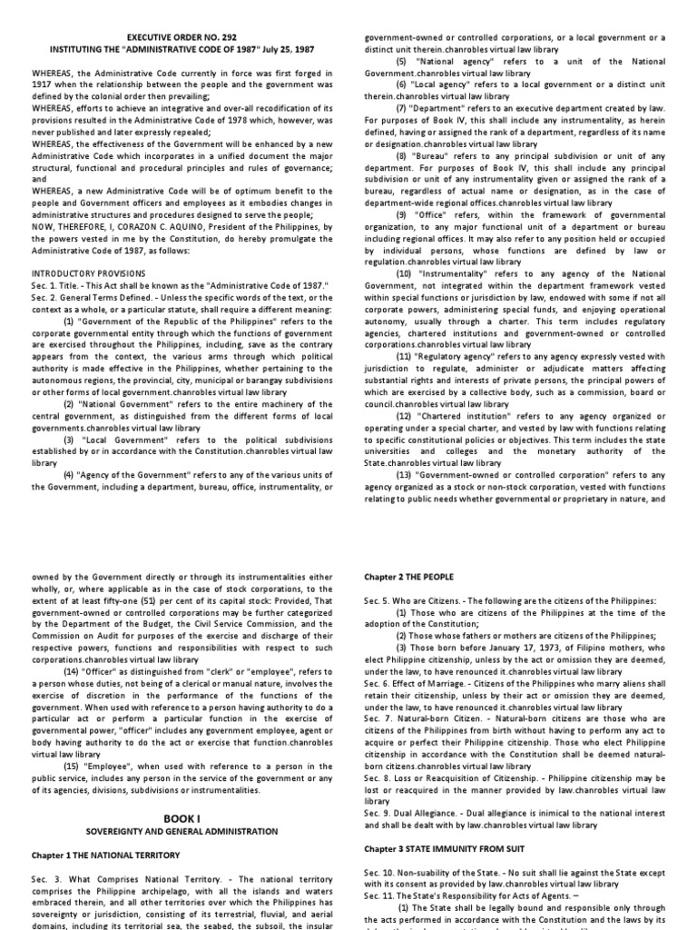 Executive Order No. 292 Instituting The "Administrative Code of 1987 ...