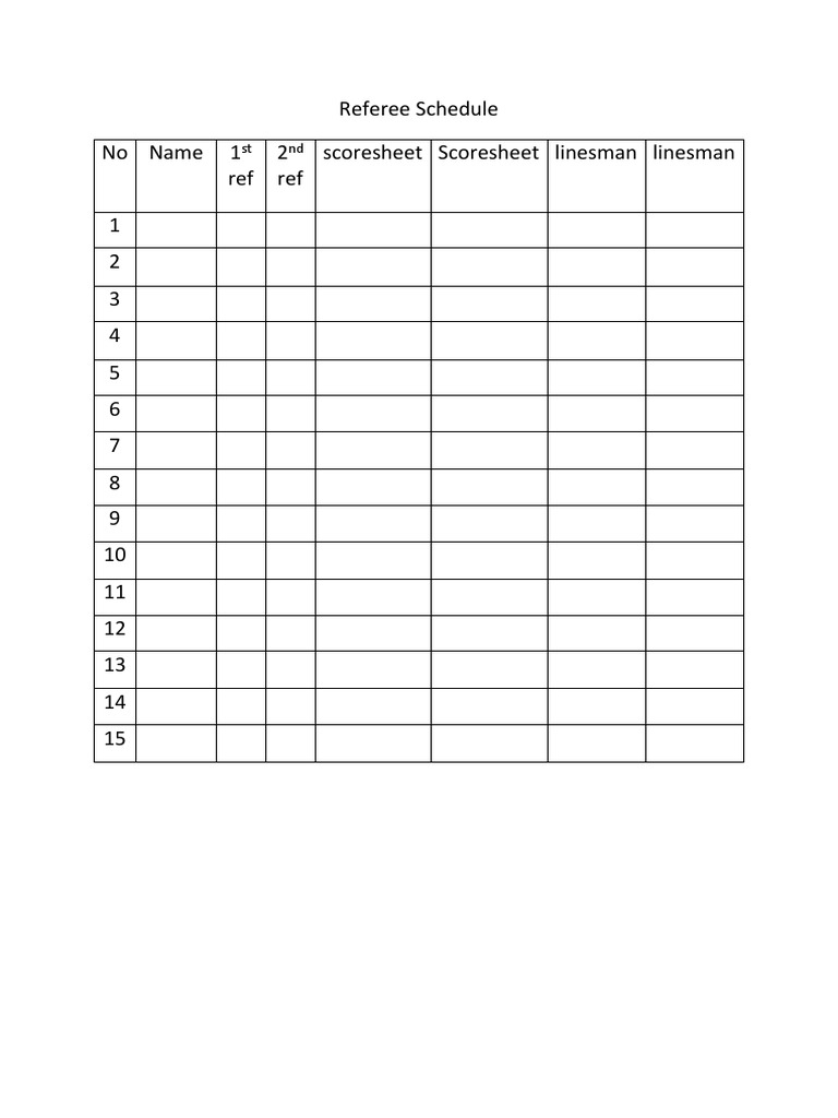 Referee Schedule No Name 1 Ref 2 Ref Scoresheet Scoresheet Linesman ...