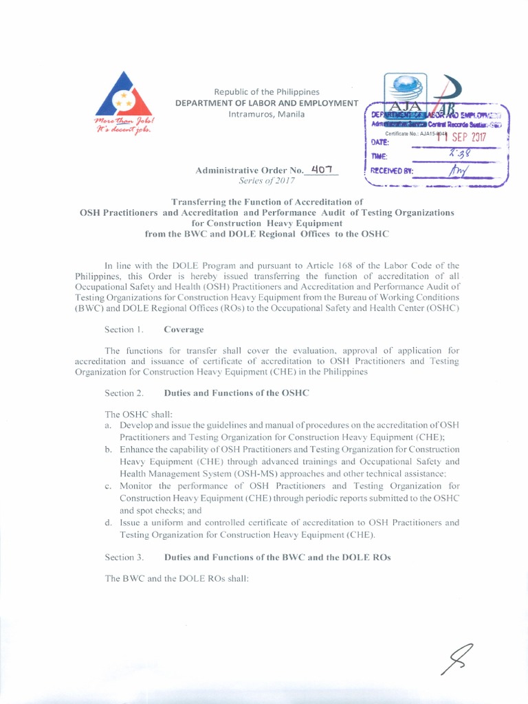 AO 407 17 Transferring the Function of Accreditation of OSH ...