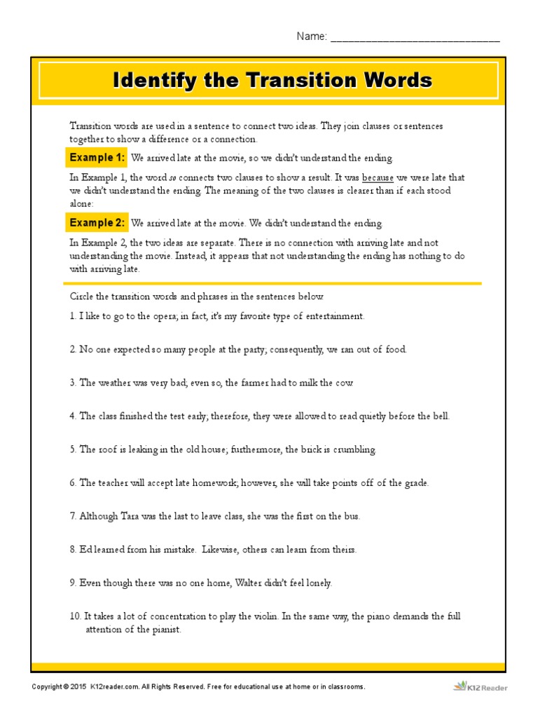 Identify The Transition Words PDF | PDF | Sentence (Linguistics) | Phrase