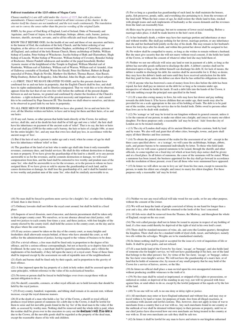 Charter of 1225: Full-Text Translation of The 1215 Edition of Magna ...