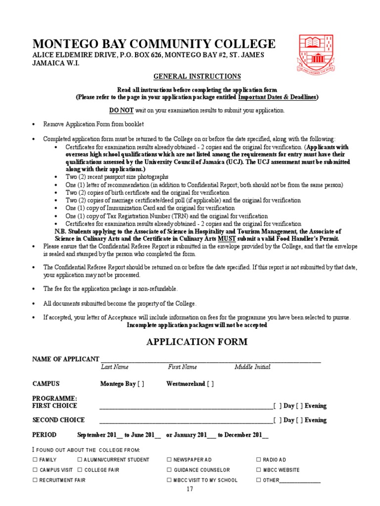 Montego Bay Community College: Application Form | PDF | Test (Assessment)