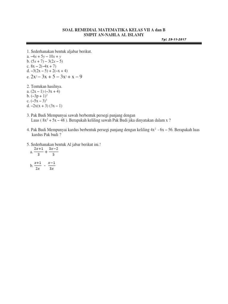 Soal Remedial Matematika Kelas Vii A Dan B | PDF