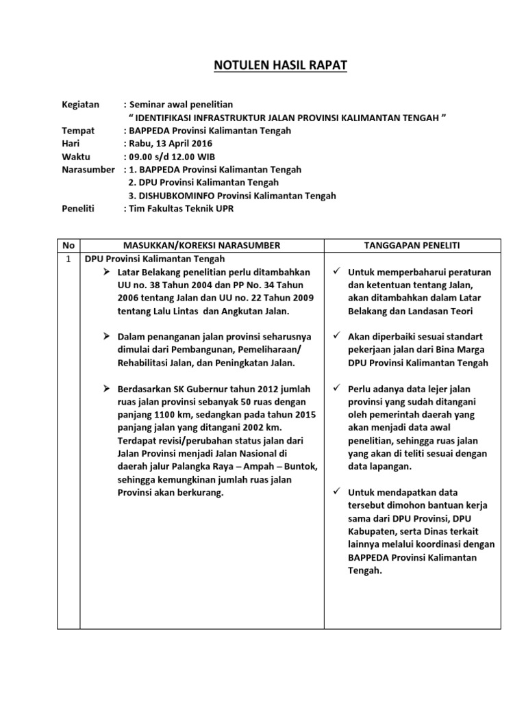 Notulensi Seminar Infrastruktur Jalan Kalteng | PDF