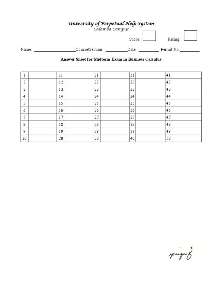 Business Calculus Midterm Exam Answer Sheet | PDF