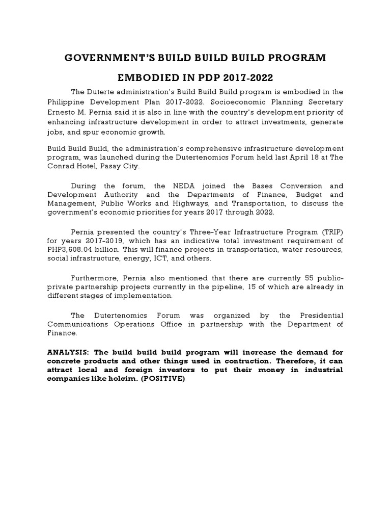 Government'S Build Build Build Program EMBODIED IN PDP 2017-2022 | PDF