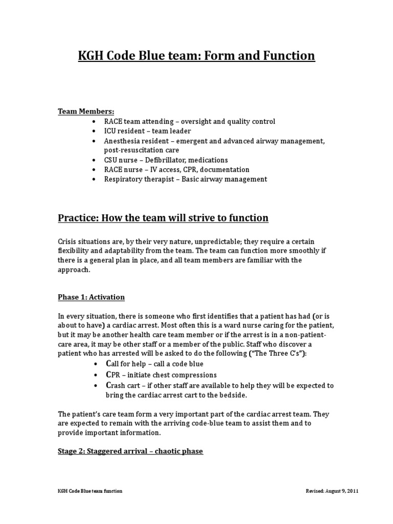 Code Blue Team - Description of Function For Team Members-1 | PDF ...