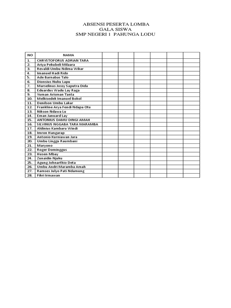 Daftar Absensi Lomba Gala Siswa SMPN 1 | PDF