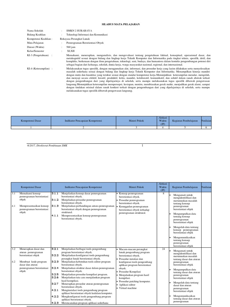 SILABUS RPL Pemrograman Berorientasi Obyek | PDF