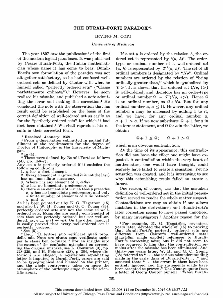 Copi 1958 The Burali Forti Paradox Philosophy of Science | PDF ...