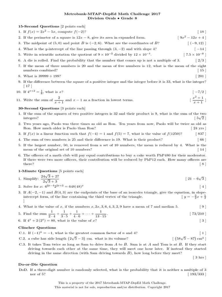 Grade 8 Division Finals Questions | Discrete Mathematics | Elementary ...