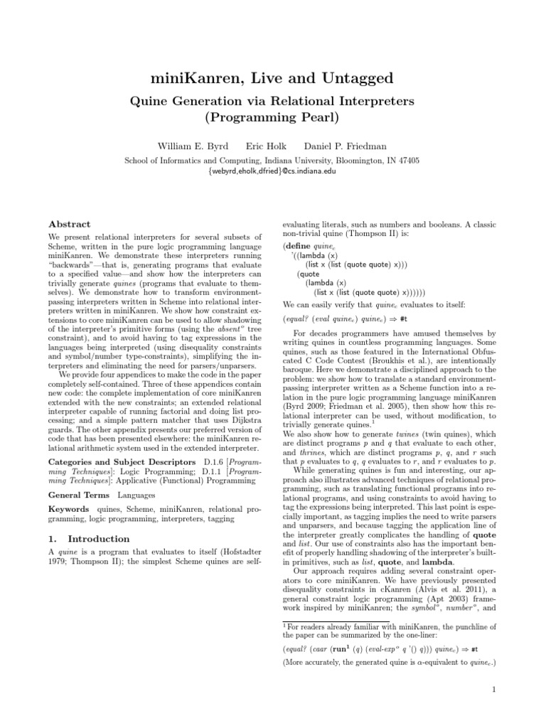 Minikanren, Live and Untagged: Quine Generation Via Relational Interpreters (Programming Pearl ...