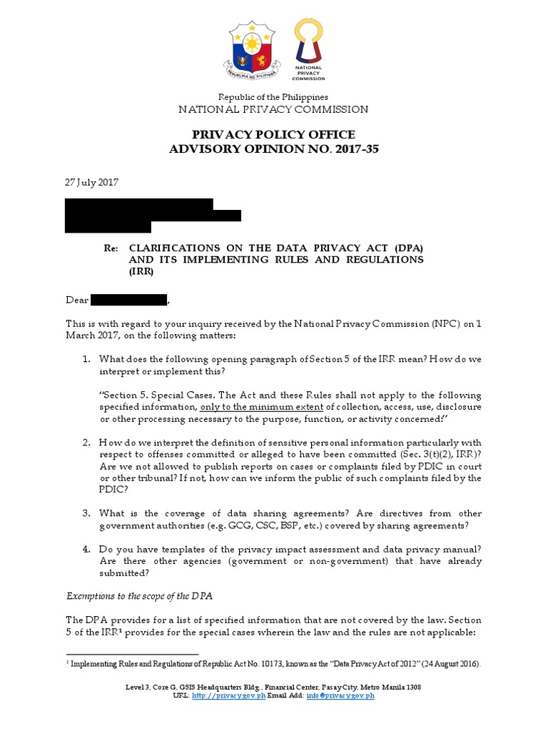 NPC Advisory Opinion No. 2017-035 | PDF | Personally Identifiable ...