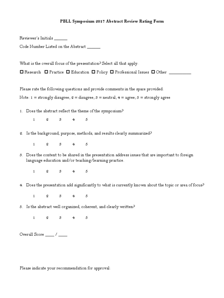 PBLL Symposium 2017 Abstract Review Rating Form | PDF