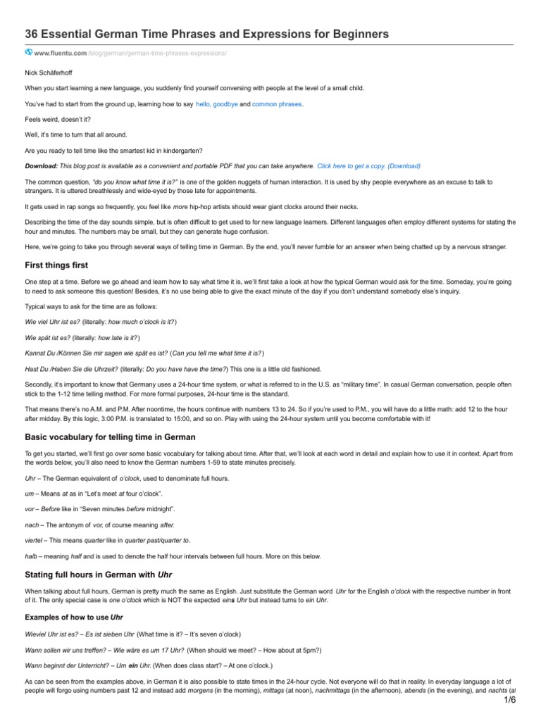 36 Essential German Time Phras | PDF | German Language | Linguistics