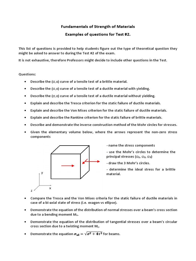 Fundamentals of Strength of Materials Examples of Questions For Test #2 ...