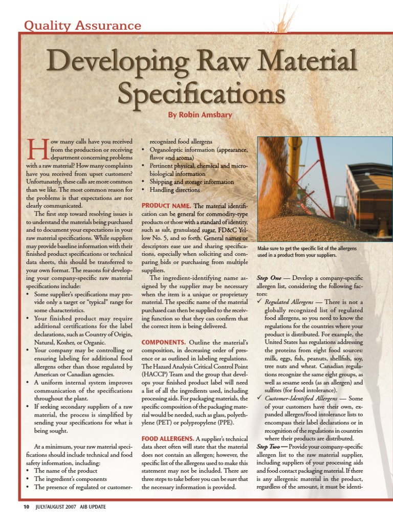 Developing Raw Material Specifcation AIB | PDF | Packaging And Labeling ...