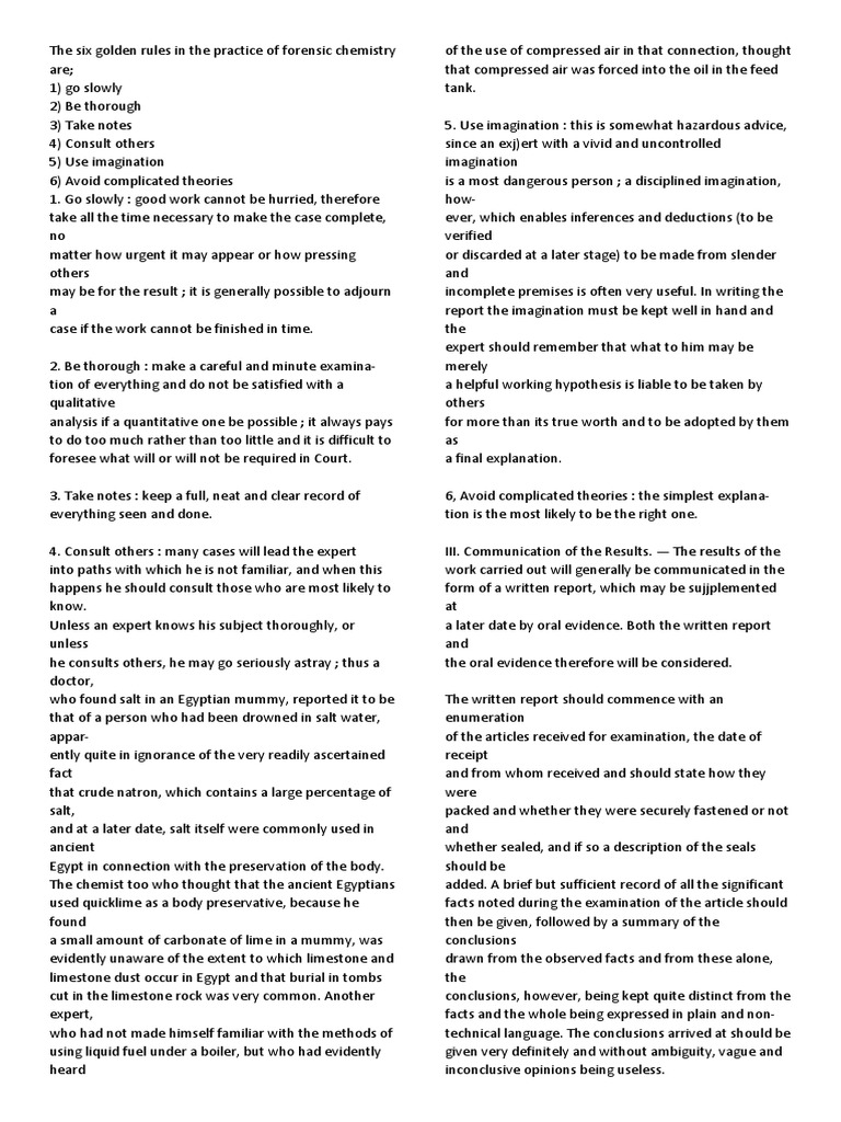 The Six Golden Rules in The Practice of Forensic Chemistry Are | PDF