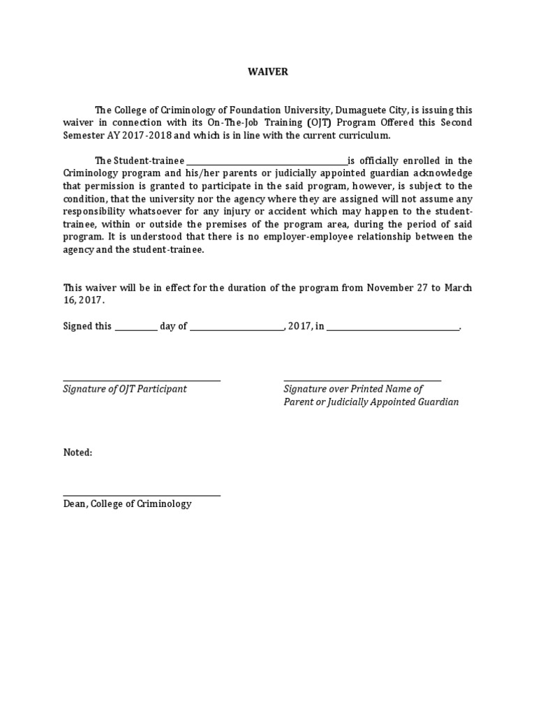 Waiver: Signature of OJT Participant Signature Over Printed Name of ...