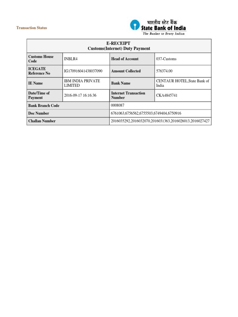 E-Receipt Customs (Internet) Duty Payment: Customs House Code Head of ...