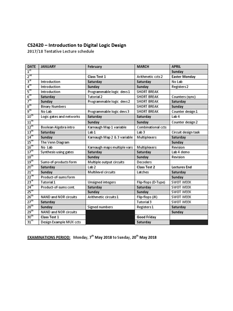 CS2420 - Introduction To Digital Logic Design: 2017/18 Tentative ...