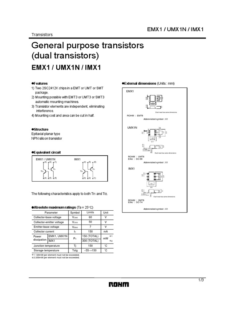 General purpose dual transistors EMX1 UMX1N IMX1 | PDF | Transistor ...