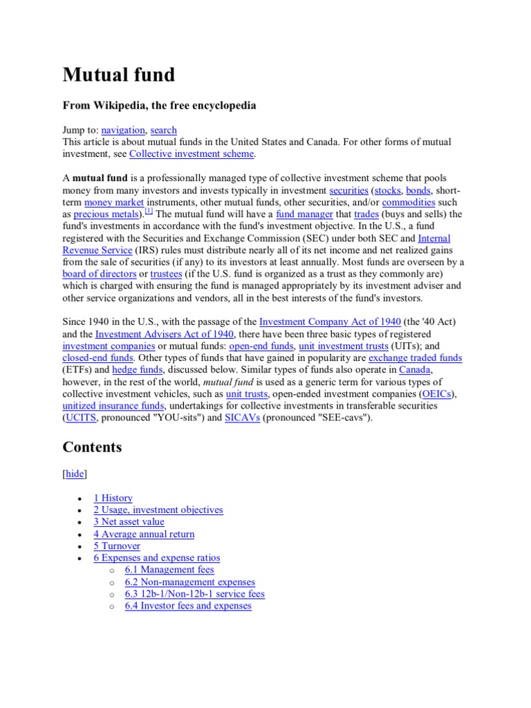 Mutual Fund Wikipedia | PDF | Mutual Funds | Exchange Traded Fund