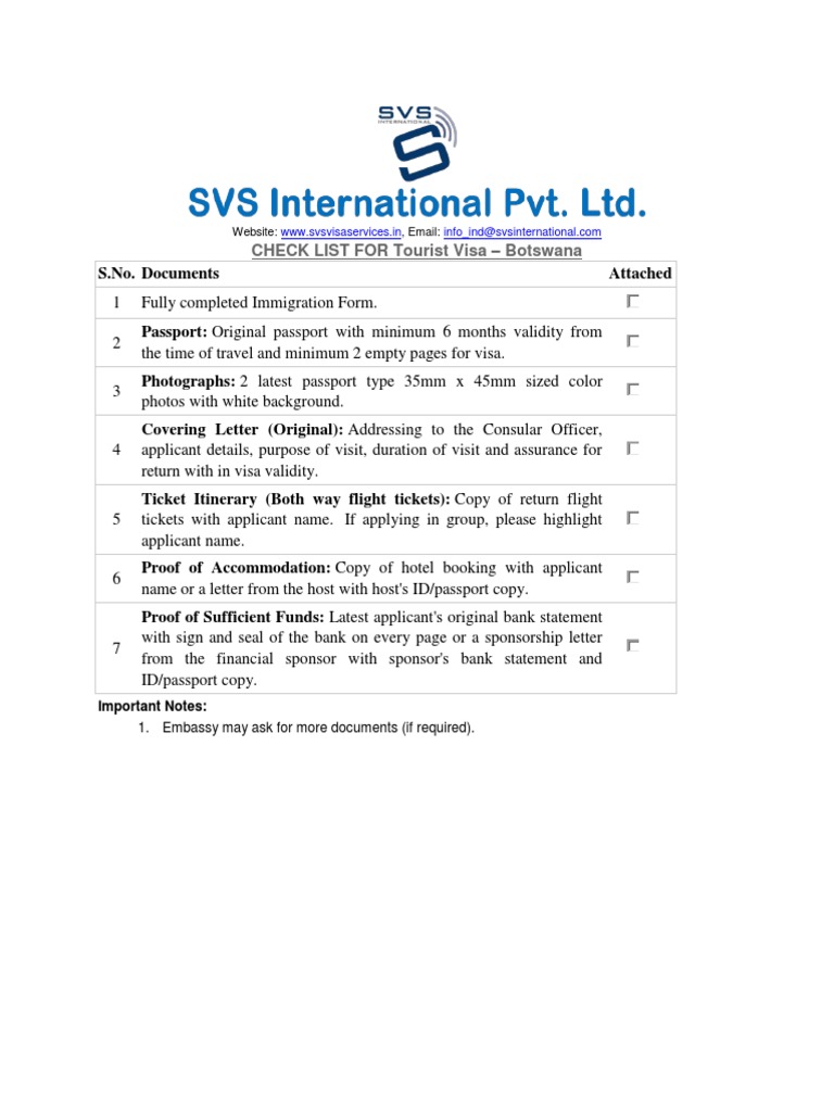 CHECK LIST FOR Tourist Visa - Botswana: Website:, Email | PDF | Politics