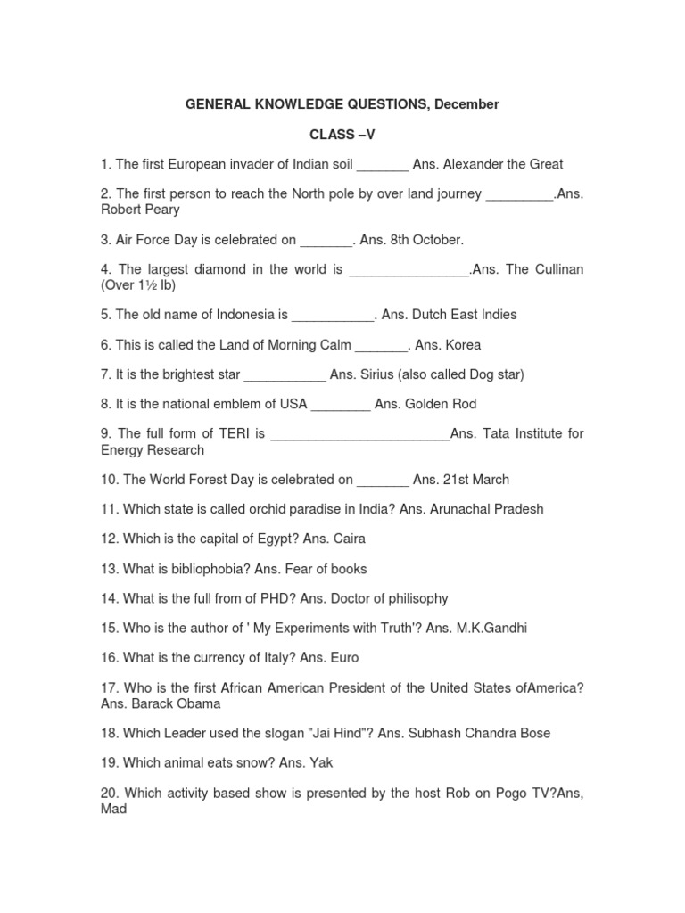 Class V General Knowledge Questions | PDF | Social Science