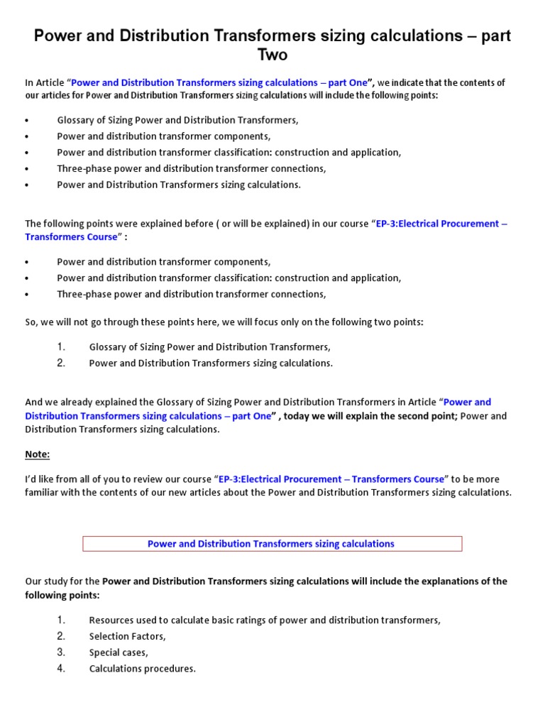 Power and Distribution Transformers Sizing Calculations 2 | PDF ...