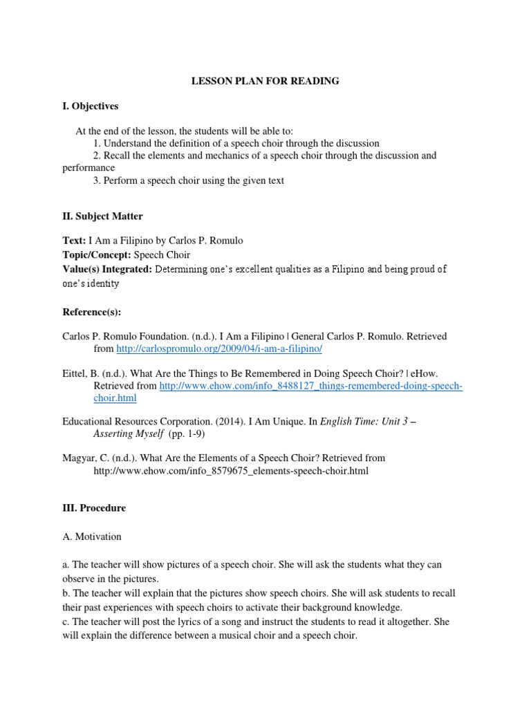Lesson Plan For Speech Choir | PDF | Lesson Plan | Neuropsychological ...