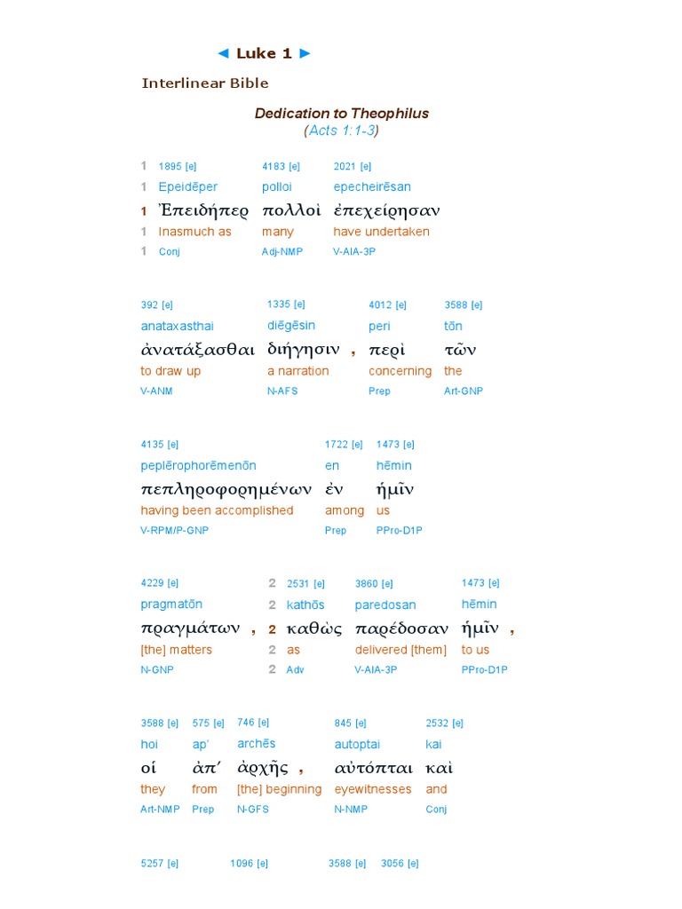 Interlinear Analysis of Luke 1:1-5 | PDF | Canonical Gospels | Bible Content