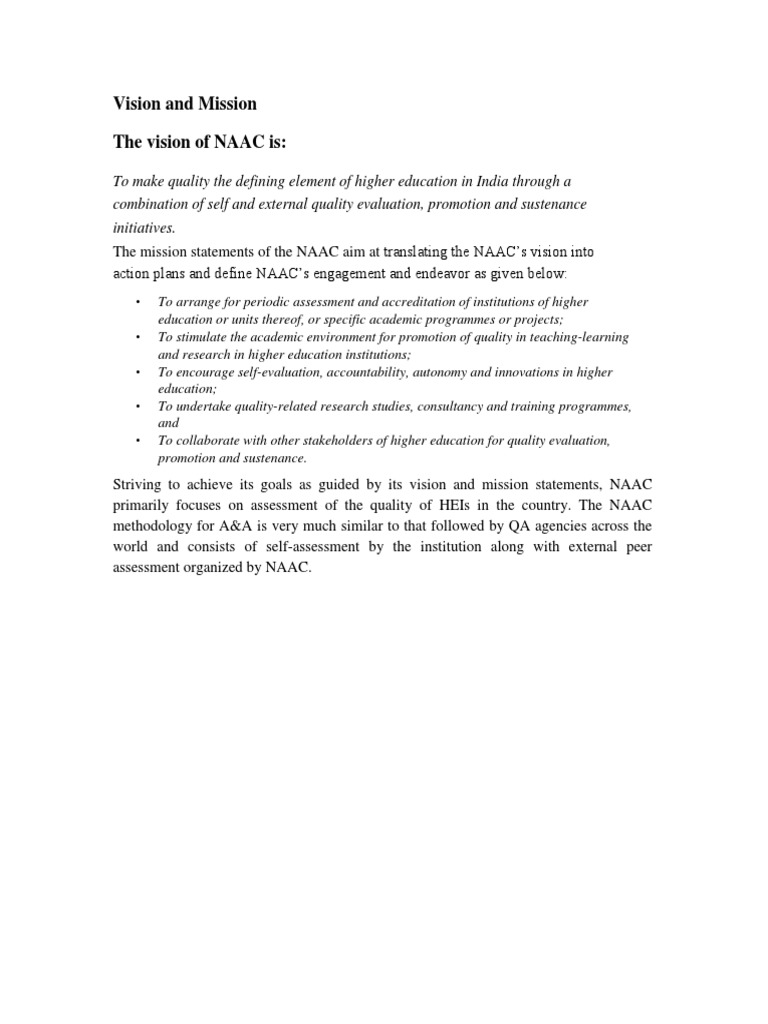 NAAC Vision and Mission Overview | PDF | Evaluation | Behavior Modification