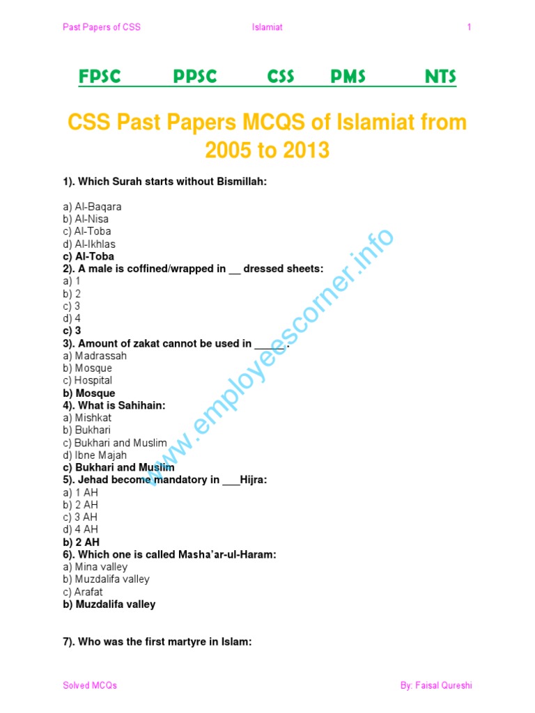 Solved Islamiat MCQS From Past Papers of CSS | Download Free PDF ...
