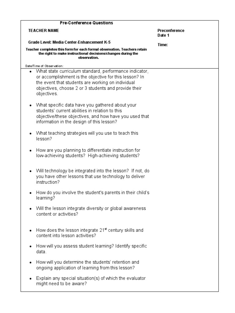 Pre-Conference Questions: Teacher Name Grade Level: Media Center ...