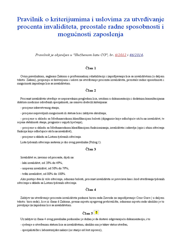 Pravilnik o Kriterijumima I Uslovima Za Utvrdjivanje Procenta Invaliditeta Preostale Radne ...