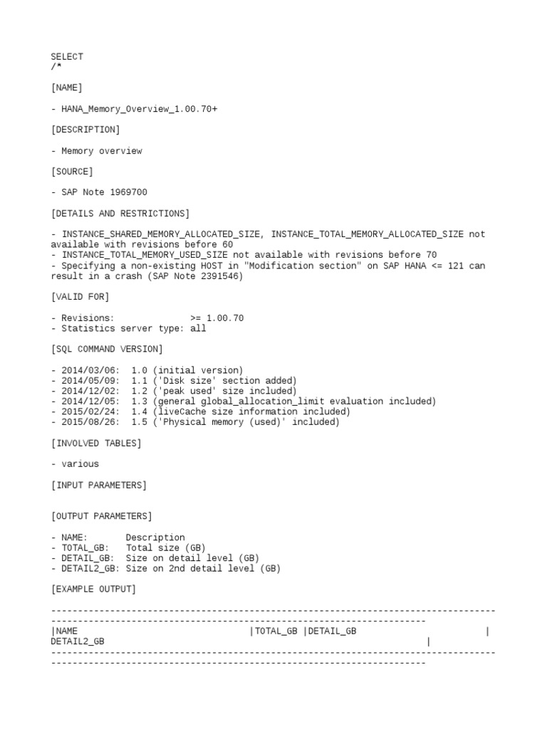 HANA Memory Overview 1.00.70+ | PDF | Databases | Data Management Software