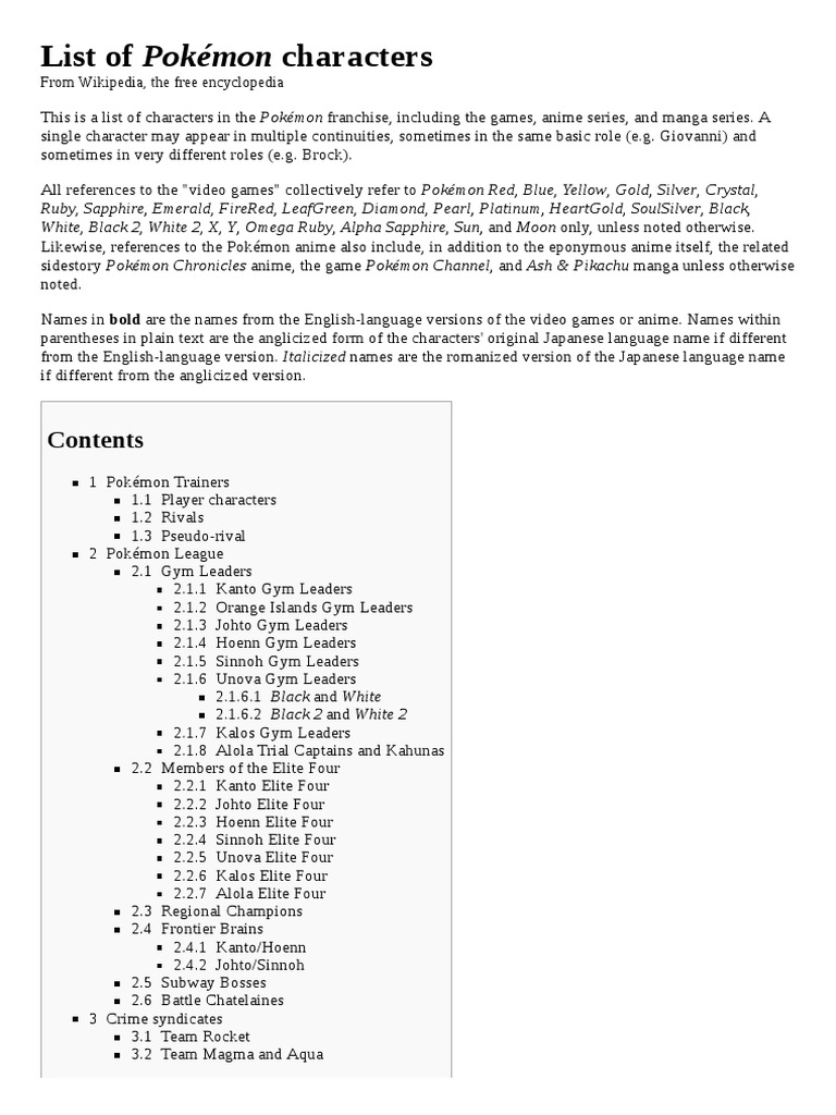 List of Pokémon Characters | PDF | Pokémon | Fictional Life Forms