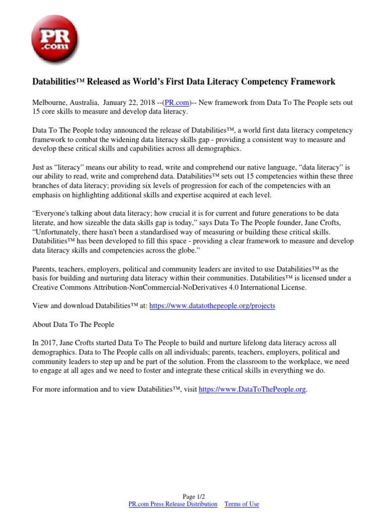 Databilities™ Released As World's First Data Literacy Competency Framework | PDF | Literacy ...