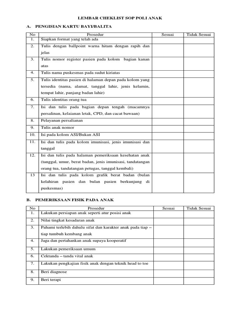 Lembar Cheklist Sop Poli Anak Audit Internal | PDF